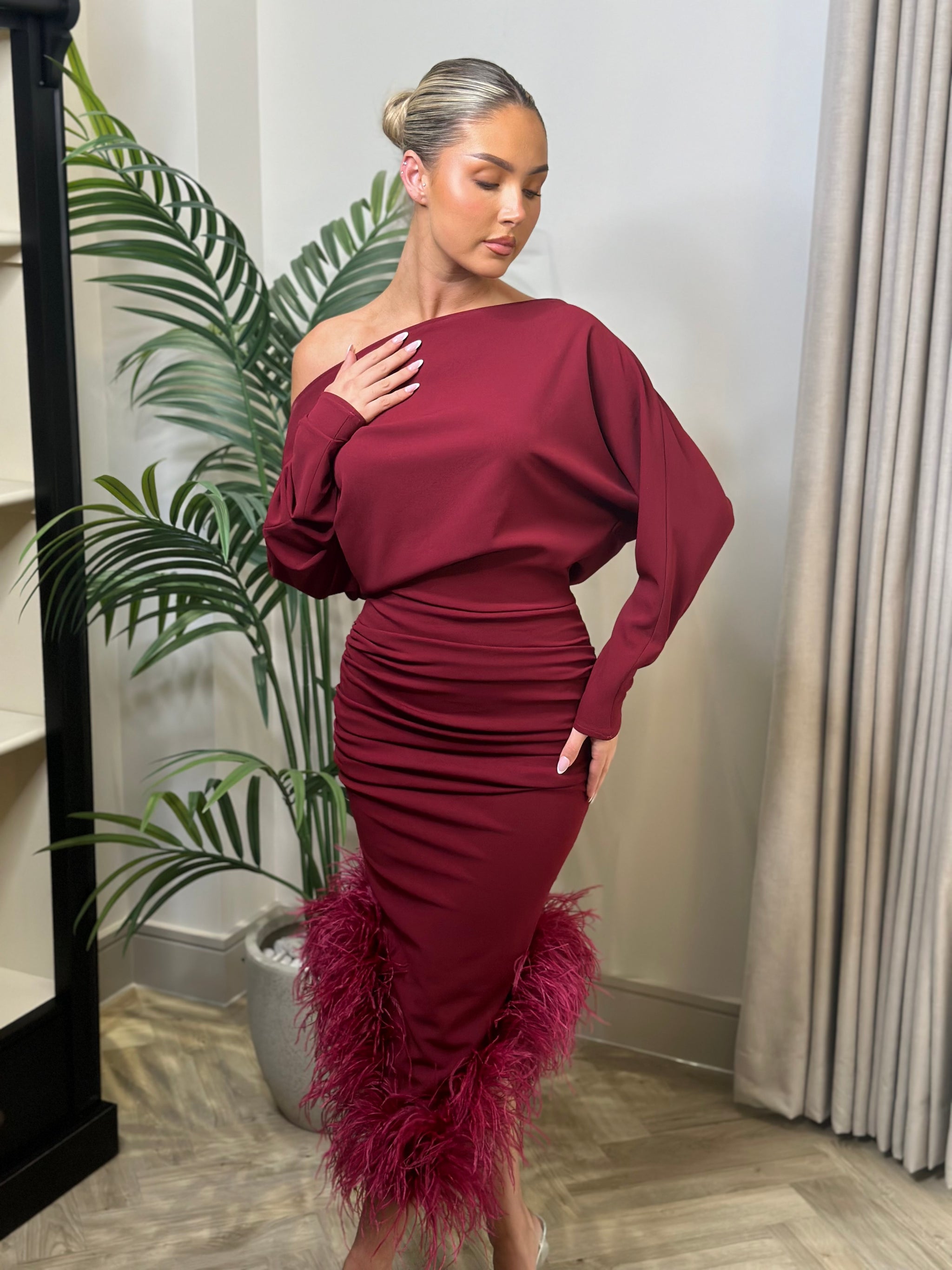 Arella Dress Wine | Ostrich Feather Dress | Rag & Doll