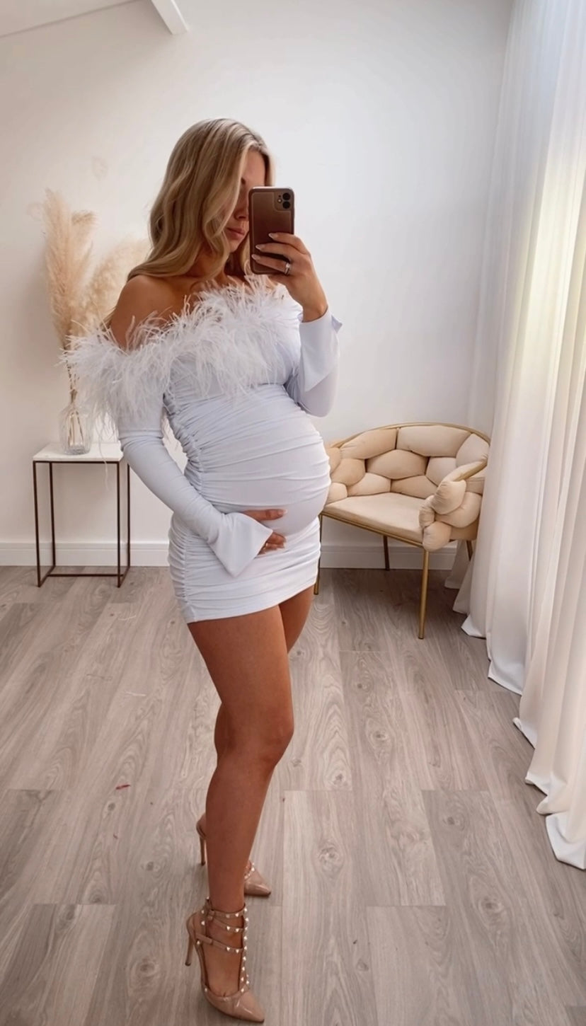 White Carrie Maternity Dress | Ostrich Feathers | Rag & Doll